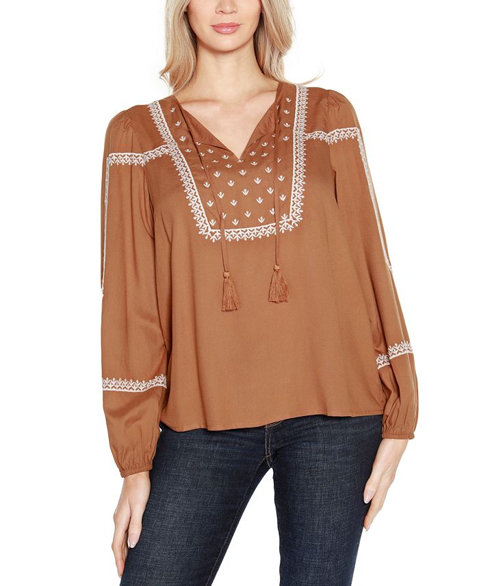 Belldini Black Label Embroidered Blouson Tie Neck Top - Macy's