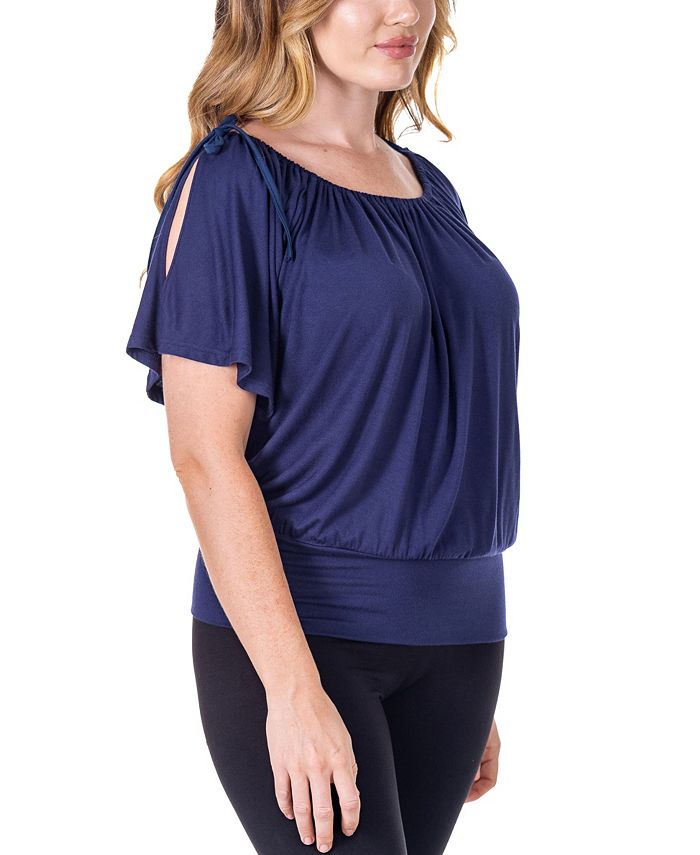 24seven Comfort Apparel Solid Color Short Sleeve Split Shoulder Top ...