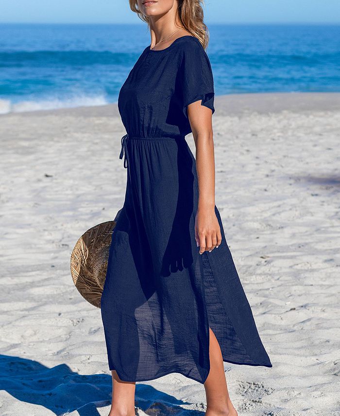 CUPSHE Women's Navy Round Neck Split Seam Maxi Cover-Up - Macy's