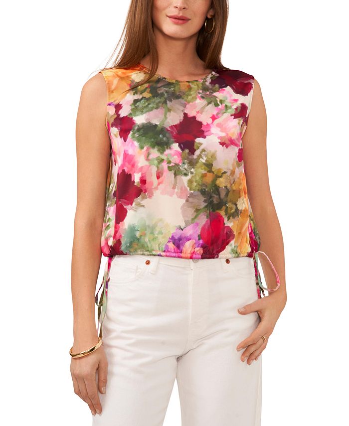 Vince Camuto Women's Floral Print Drawstring-Hem Sleeveless Top - Macy's