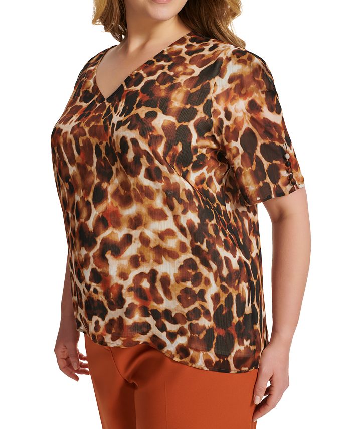 Calvin Klein Plus Size Animal Print Puff-Sleeve Blouse - Macy's