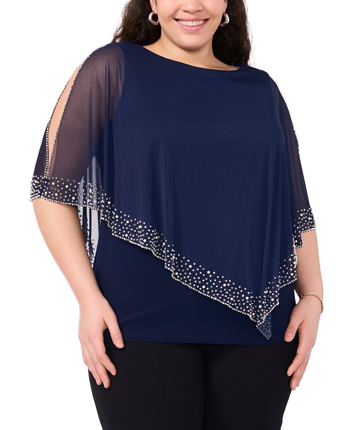 MSK Plus Size Embellished Asymmetric Cape Overlay Top - Macy's