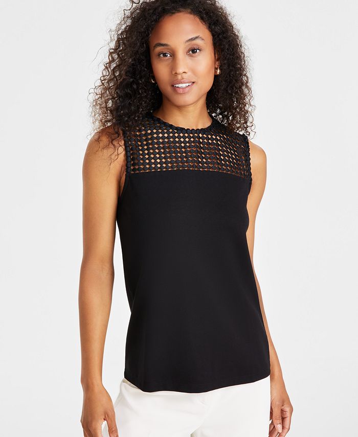 Anne Klein Women's Serenity-Knit Lace-Yoke Sleeveless Top - Macy's