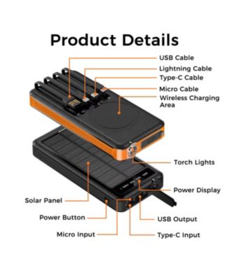 10,000mAh Power Bank- Convenient 4 Built-in Cables & Wireless Charging