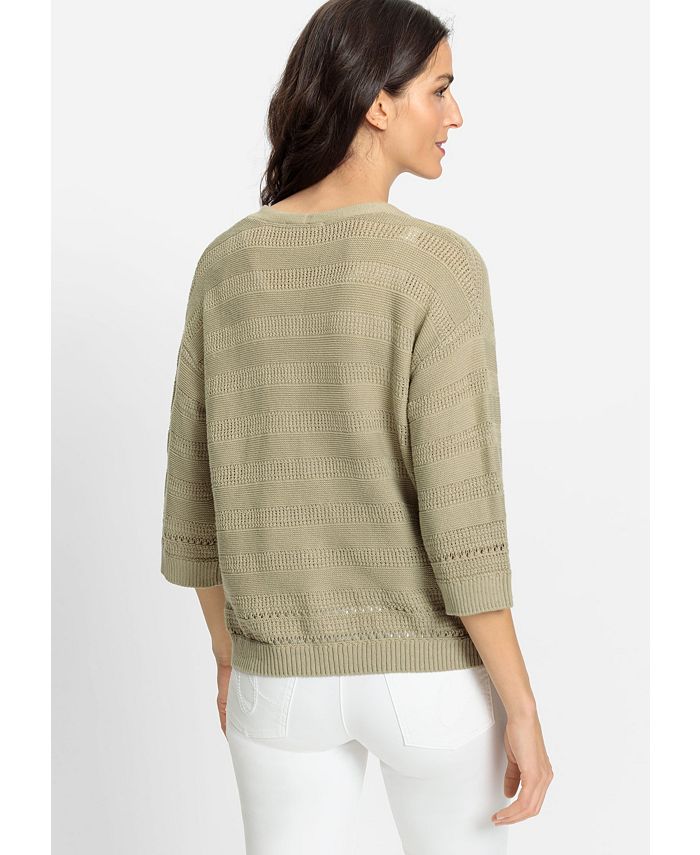Olsen Women's Cotton Linen Blend 3/4 Sleeve Crochet Stripe Cardigan ...