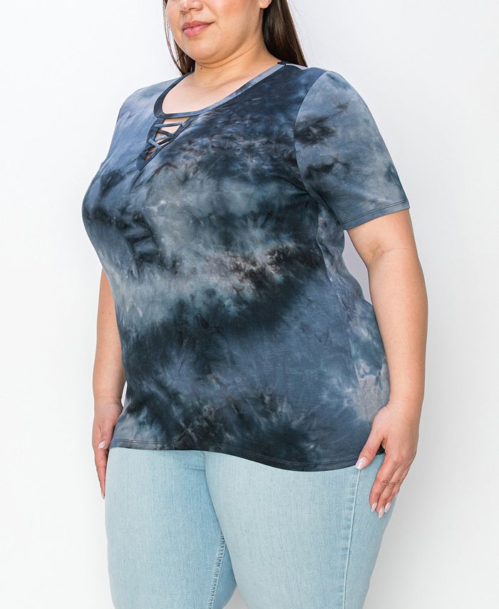 COIN 1804 Plus Tie Dye Lace Up Short Sleeve Top - Macy's