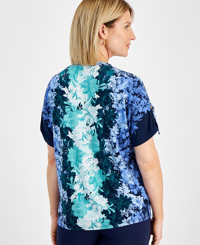 JM Collection Petite Ombre Flora Printed Tab-Cuff Top, Created for Macy ...
