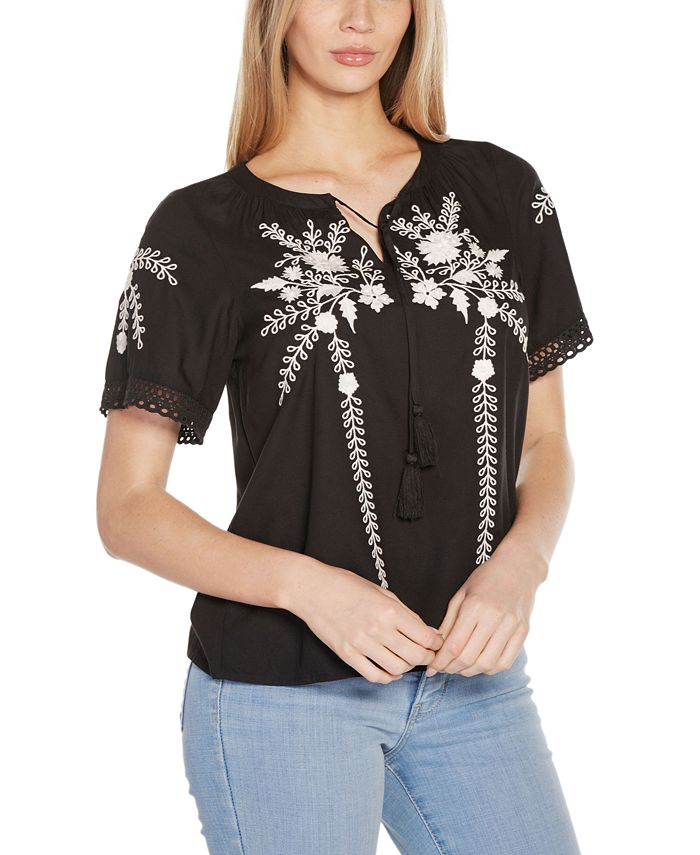 Belldini Women's Embroidered Tie-Neck Peasant Top - Macy's