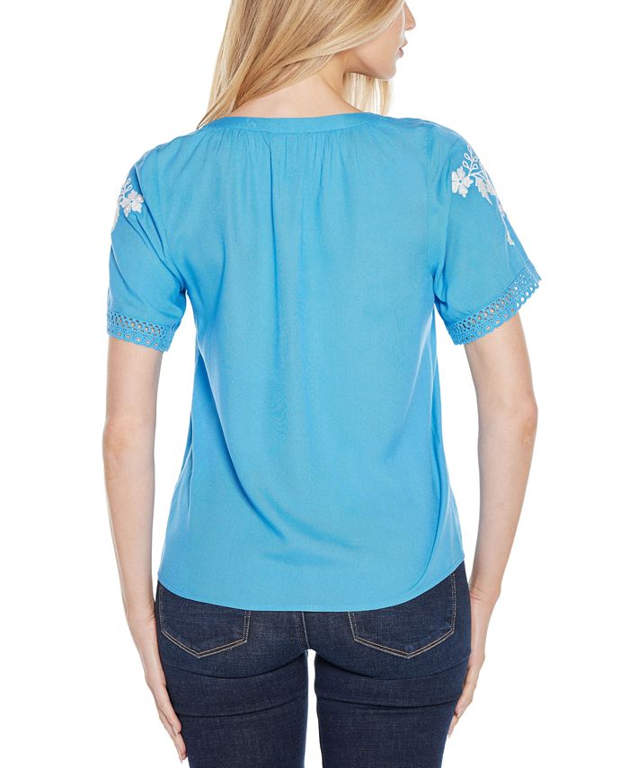 Belldini Women's Embroidered Tie-Neck Peasant Top - Macy's