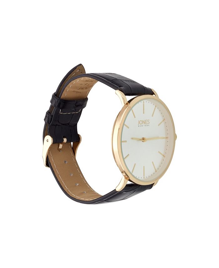Jones New York Men's Black genuine leather Strap Watch 44mm - Macy's