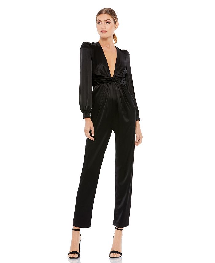 Mac Duggal Womens Ieena Front Twist Puff Sleeve Deep V Jumpsuit Macys