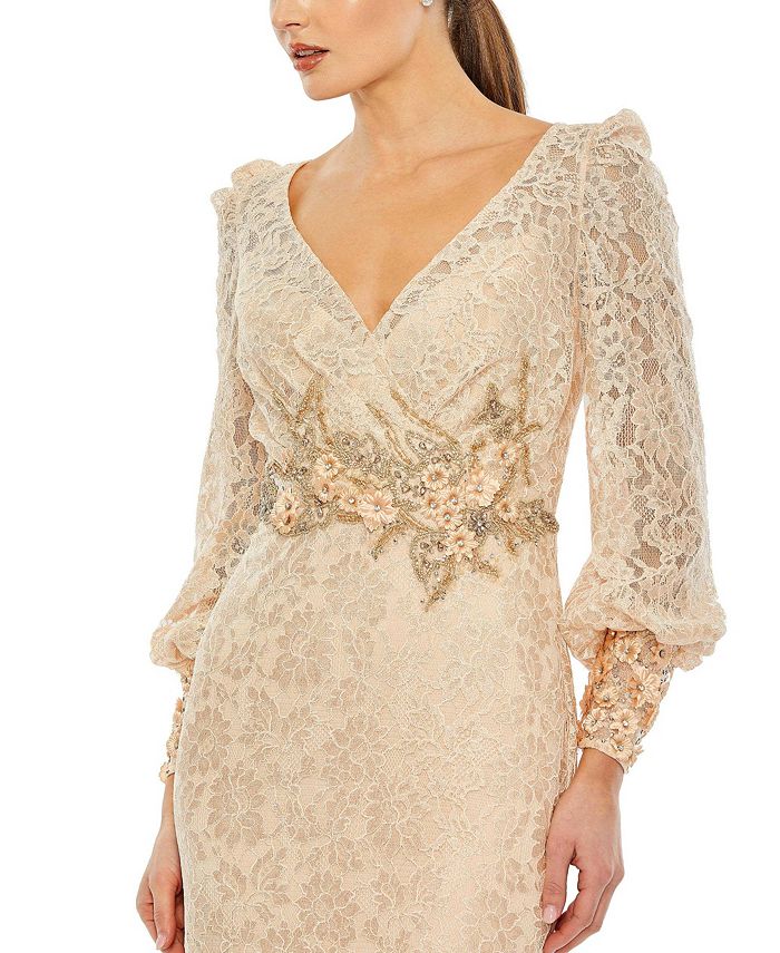 Mac Duggal Women's Lace Long Sleeve V Neck Embellished Gown - Macy's