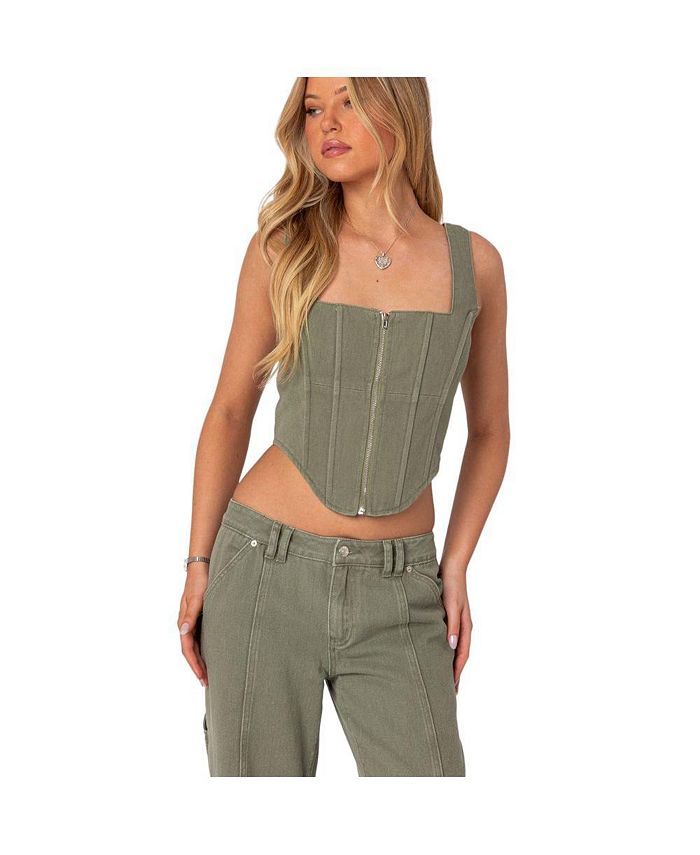 Edikted Women's Lottie Washed Denim Zip Corset Top - Macy's