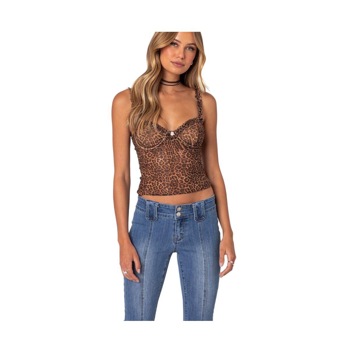 Click here for Edikted Womens Lidia Sheer Mesh Bra Top - Leopard prices