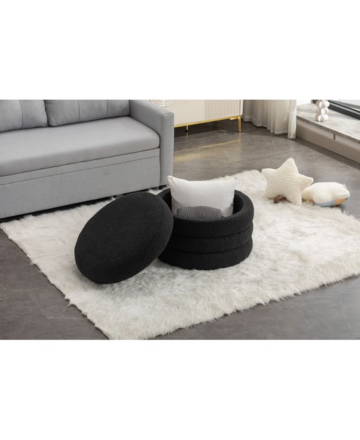 Simplie Fun Boucle Fabric Storage Round Ottoman Footstool With Wooden ...