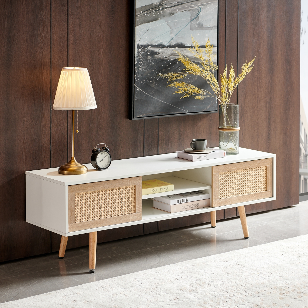 Click here for Streamdale White Rattan Tv Cabinet with Sliding Do... prices