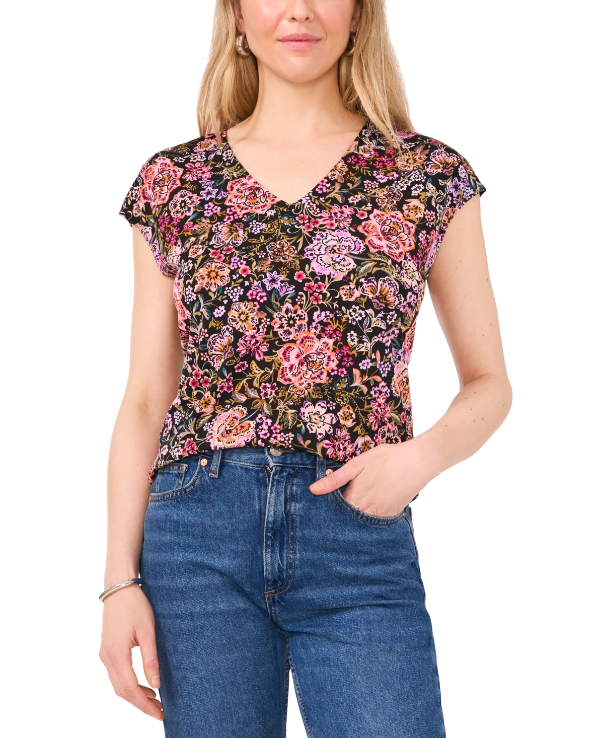 Click here for Sam & Jess Womens V-Neck Cap-Sleeve Top - Black Fl... prices