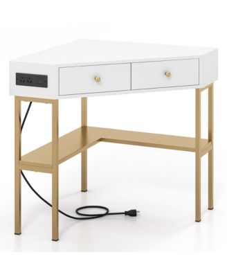 Costway Corner Desk with Built-in Charging Station Storage Drawers ...