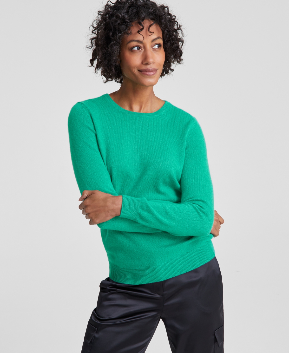 Charter Club 100 Cashmere Womens Petite Long-Sleeve Crewneck Sweater  Created for Macys - Peacock Green