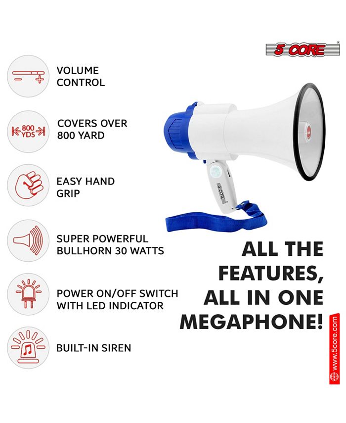 5 Core Megaphone Bullhorn Speaker 30W Mini Bull Horn Battery Power ...