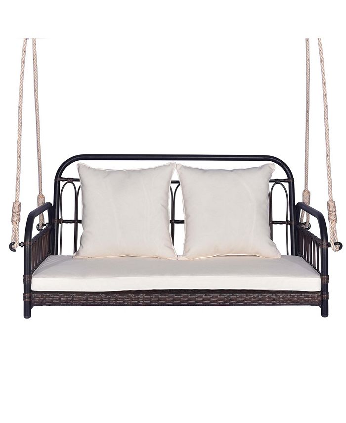 Costway Patio Swing Chair 2-Person Hanging Seat Outdoor Wicker Loveseat Cushioned Porch - Macy's