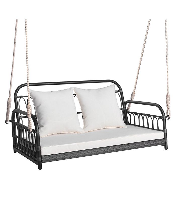 Costway Patio Swing Chair 2-Person Hanging Seat Outdoor Wicker Loveseat Cushioned Porch - Macy's
