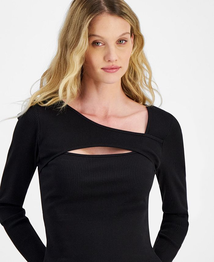 Madden Girl Juniors' Asymmetric Rib-Knit Long-Sleeve Top - Macy's