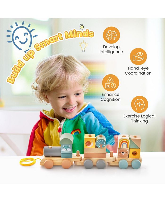 Slickblue Wooden Toy Train Set with Stacking Wooden Blocks and Cute ...