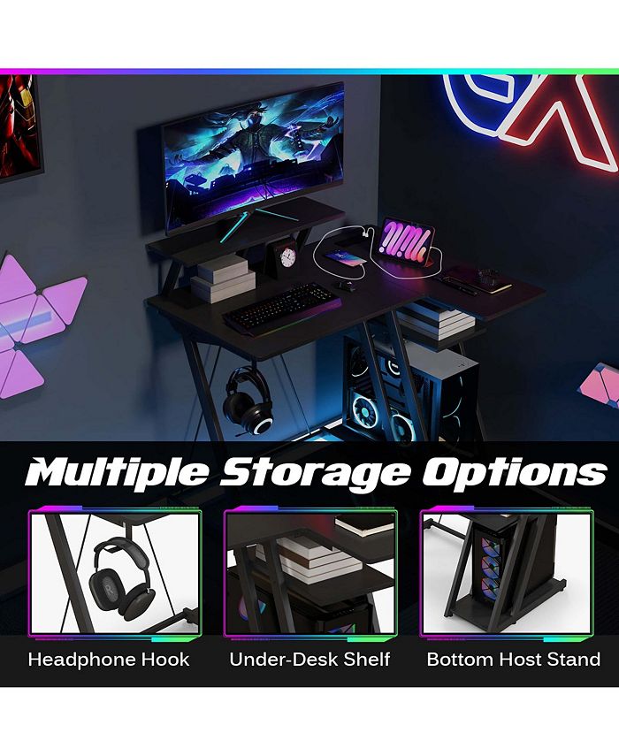 Costway L-Shaped Gaming Desk with Outlets & USB Ports Monitor Shelf ...