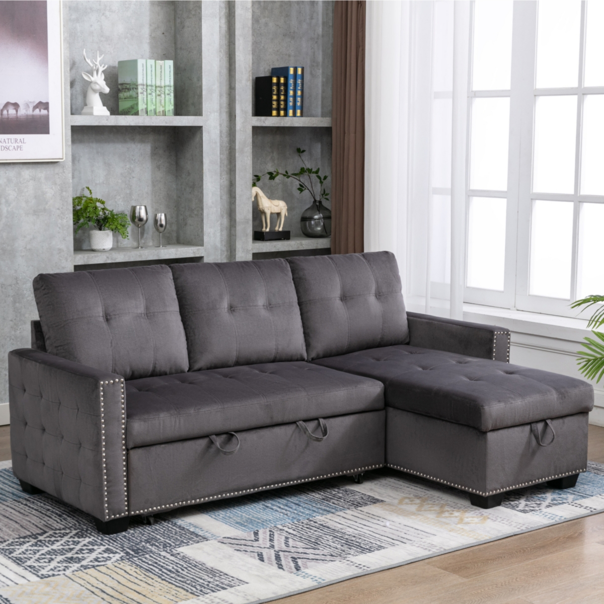 Click here for L-Shaped Velvet Sectional Sleeper Sofa  Dark Grey... prices