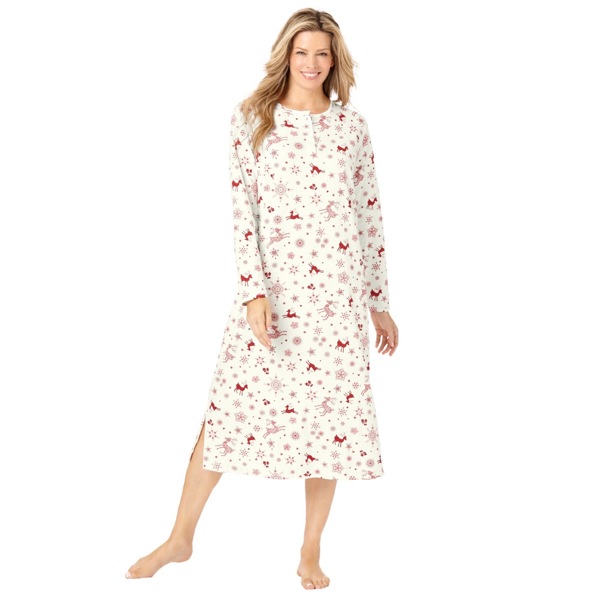 Click here for Dreams & Co. Plus Size Long-Sleeve Henley Print Sl... prices