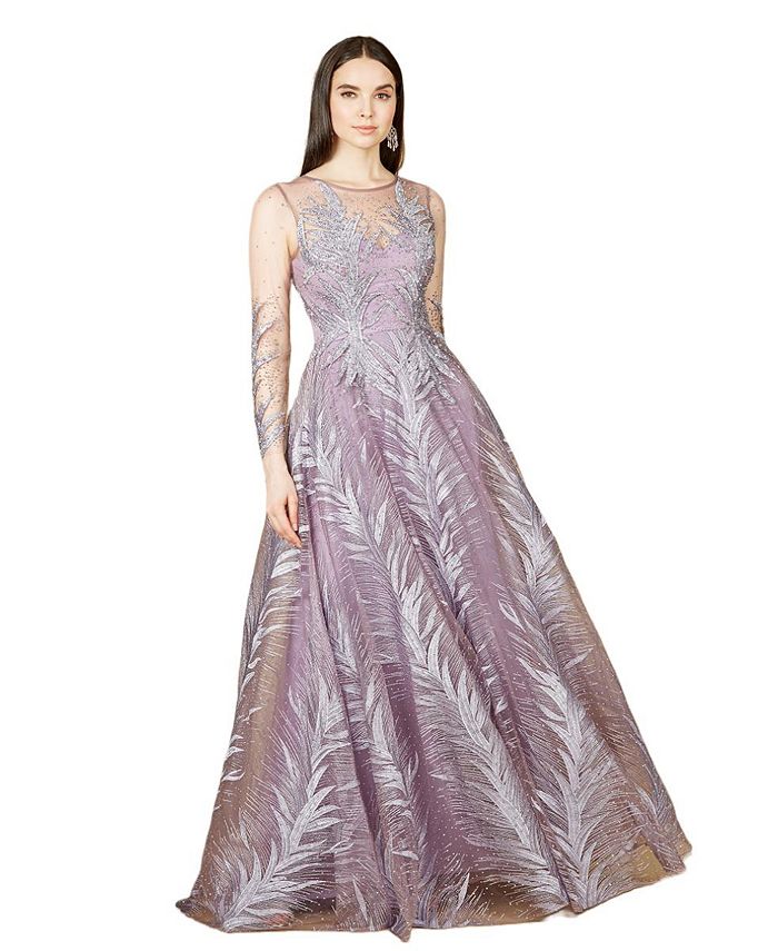Lara Women's High Neck Sheer Long Sleeve Embellished Gown - Macy's