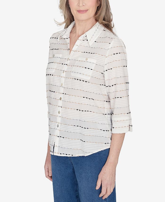 Alfred Dunner Classic Biadere Button Down Top with Front Pockets - Macy's
