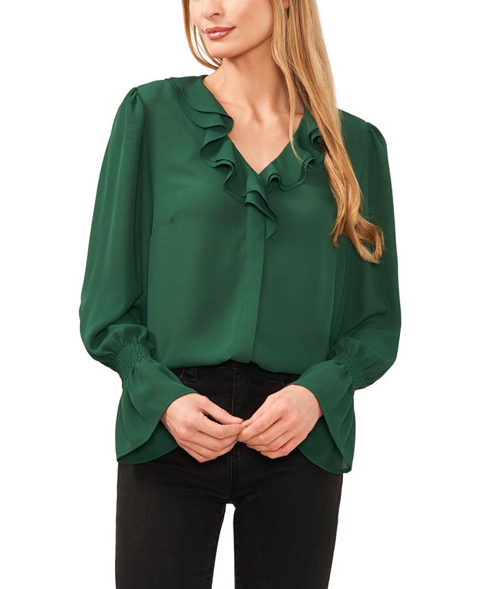 CeCe Women's Wear to Work Long Sleeve Ruffled V-Neck Blouse with Hidden ...
