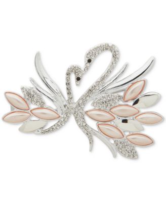 Anne Klein Boxed Silver Tone Crystal Blush Pearl Swan Pin - Macy's