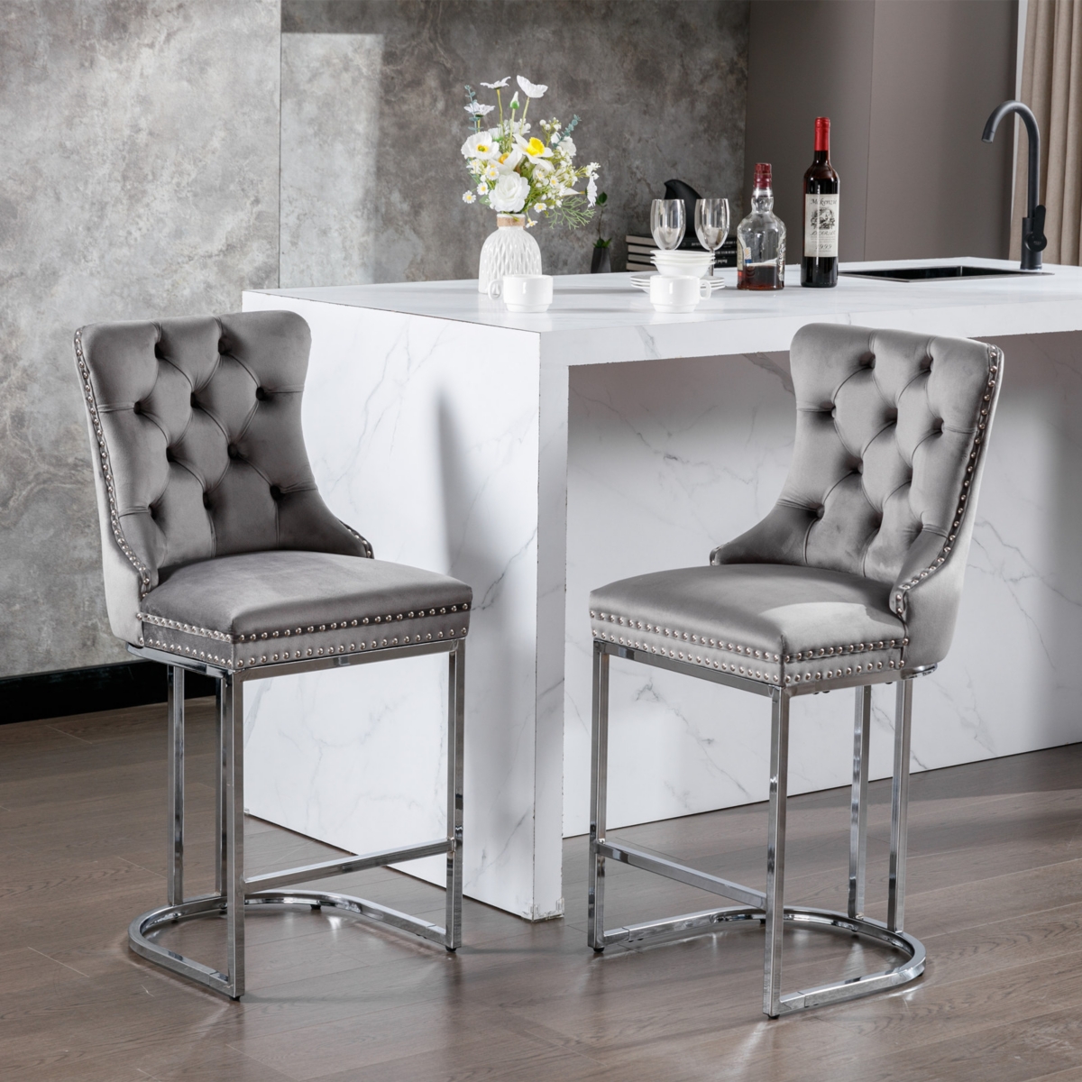 Click here for Streamdale Modern Gray Velvet Bar Stools Set Of 2... prices