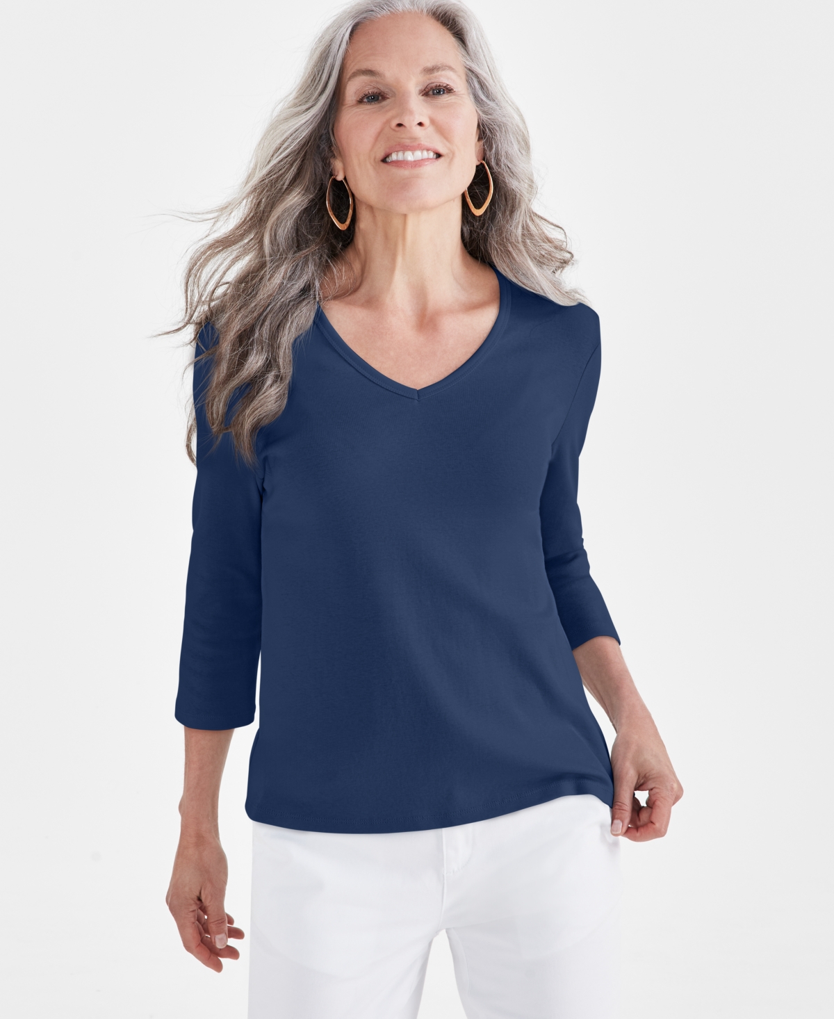 Click here for Style & Co Womens Cotton 3/4-Sleeve V-Neck Tee  Cr... prices