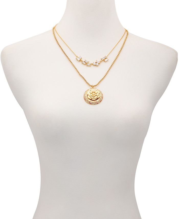 GUESS Gold-Tone Crystal & Flower Layered Pendant Necklace, 18" + 2 ...
