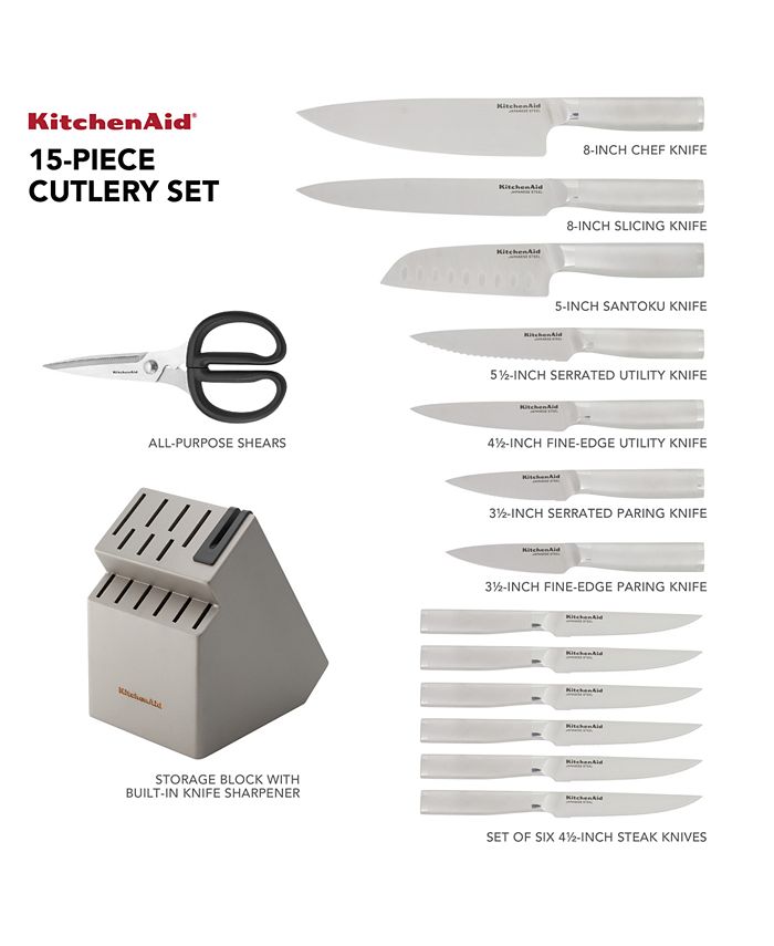 KitchenAid Gourmet 15-Pc, Japanese Steel Knife & Sharpener Block Set ...