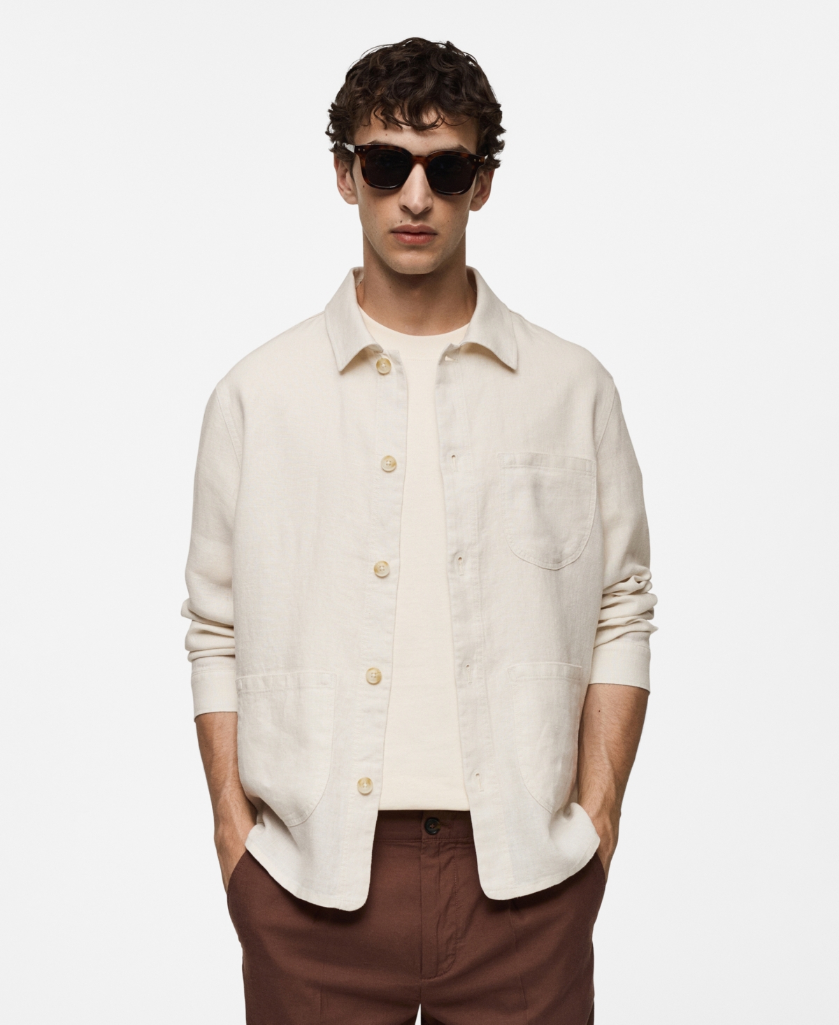 Click here for Mango Mens Linen Pockets Detail Overshirt - White prices