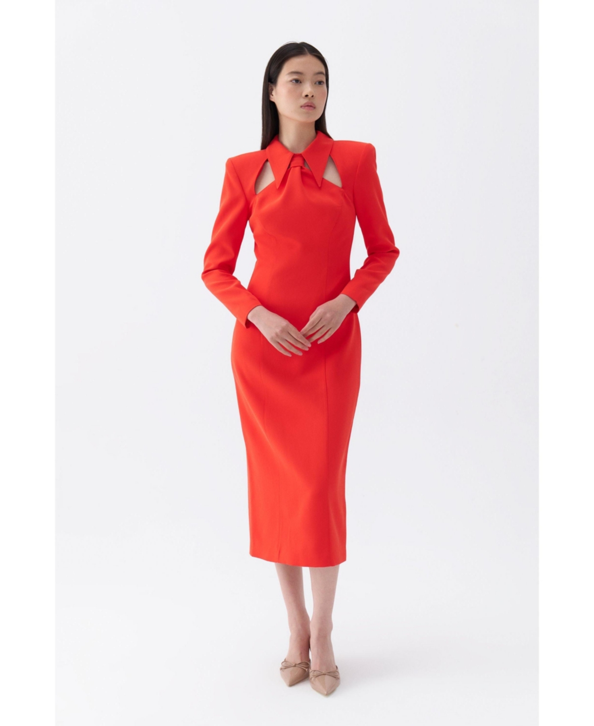 Nocturne Womens Tie Neck Midi Dress with Shoulder Pad - Red