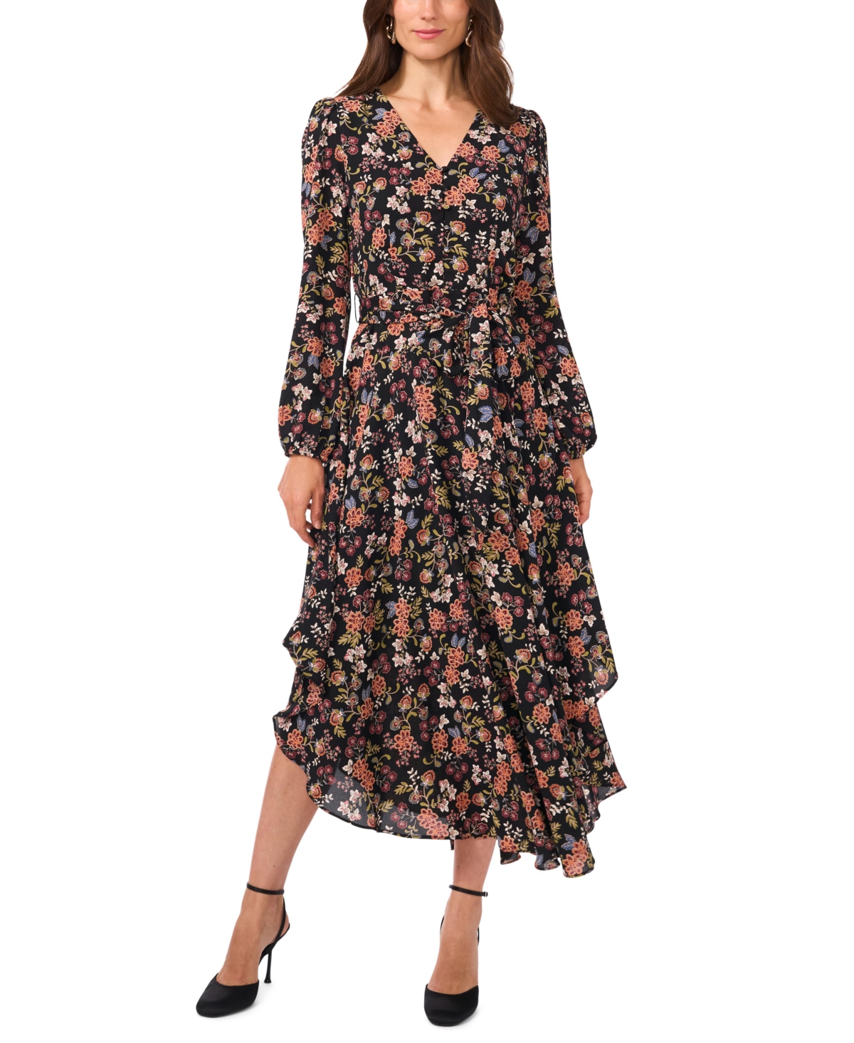 Click here for Vince Camuto Womens V-Neck Belted Asymmetric-Hem D... prices