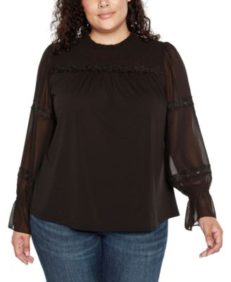 Belldini Black Label Plus Size Mixed Media Blouson-Sleeve Top - Macy's