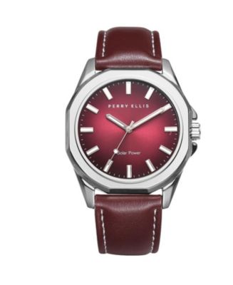 PERRY ELLIS Men's Solar Powered Silver Tone Burgandy Dial Sunburst ...