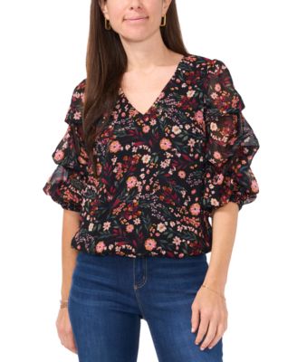 Sam & Jess Petite V-Neck Floral-Print 3/4-Sleeve Top - Macy's