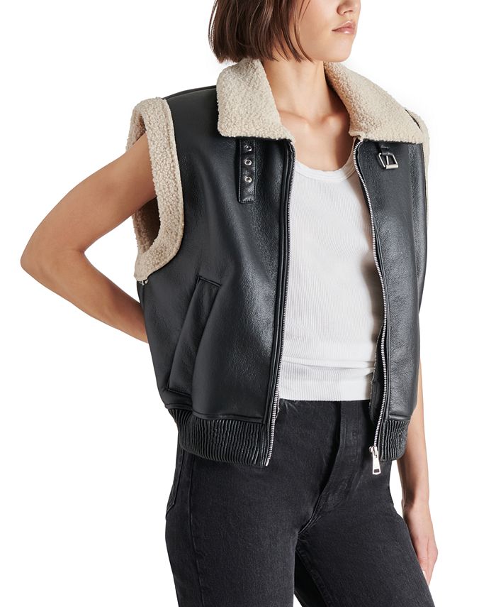 Steve Madden Women's Faux-Leather Fleece-Trim Aviator Vest - Macy's