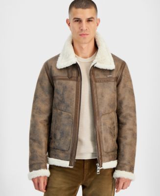GUESS Men's Zip Front Aviator Jacket with Faux Fur Lining - Macy's