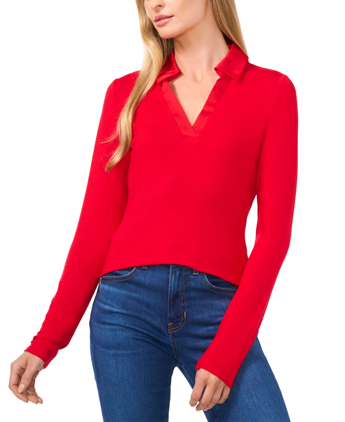 Click here for CeCe Womens Woven-Collar Knit Long-Sleeve Top - Lu... prices