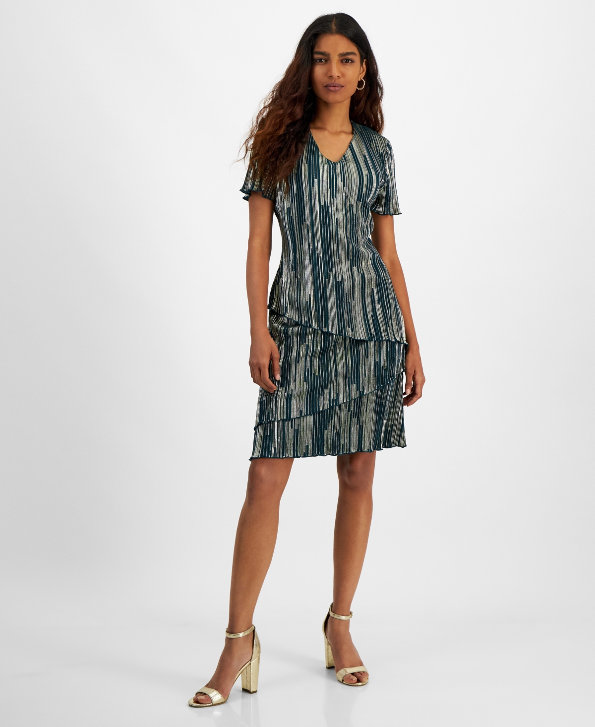Click here for Connected Petite V-Neck Asymmetric Tiered Sheath D... prices