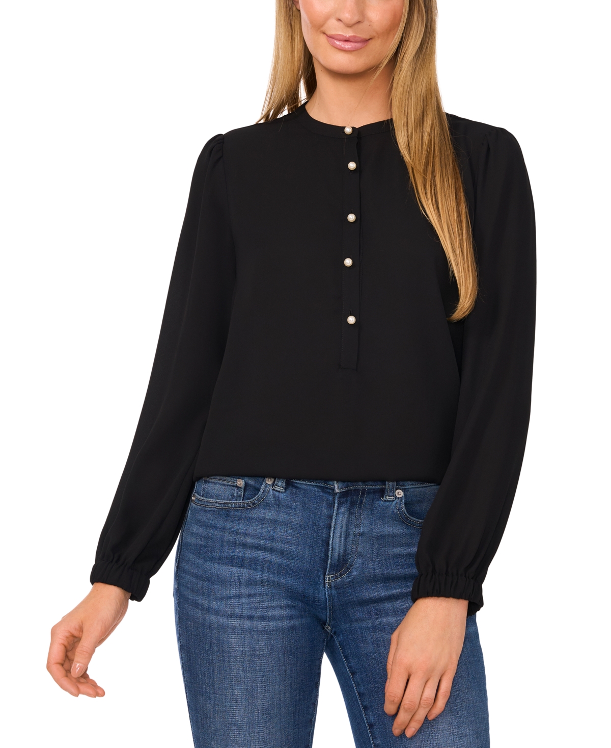 Click here for CeCe Womens Faux-Pearl-Button Blouse - Rich Black prices